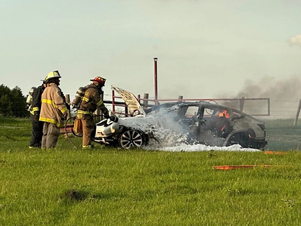 Tesla Hits Open Pasture and Catches on Fire | flyingpenguin